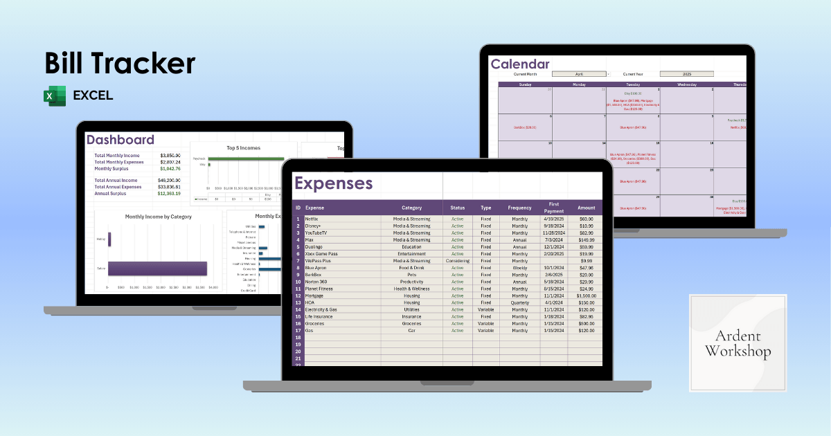 Bill Tracker - Excel | Ardent Workshop
