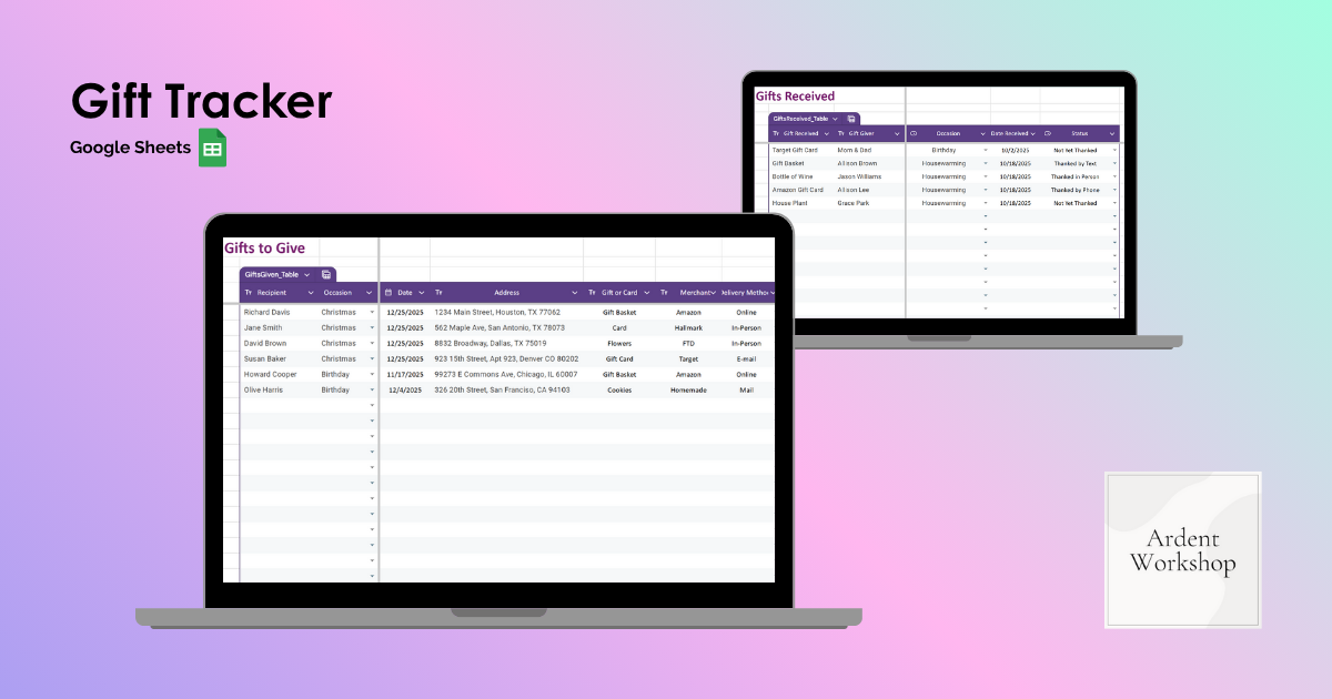 Gift Tracker - Google Sheets | Ardent Workshop