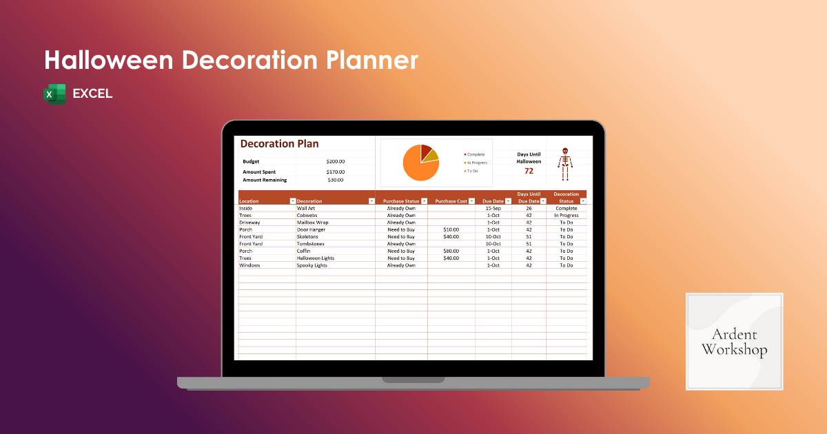 Halloween Decoration Planner - Excel | Ardent Workshop