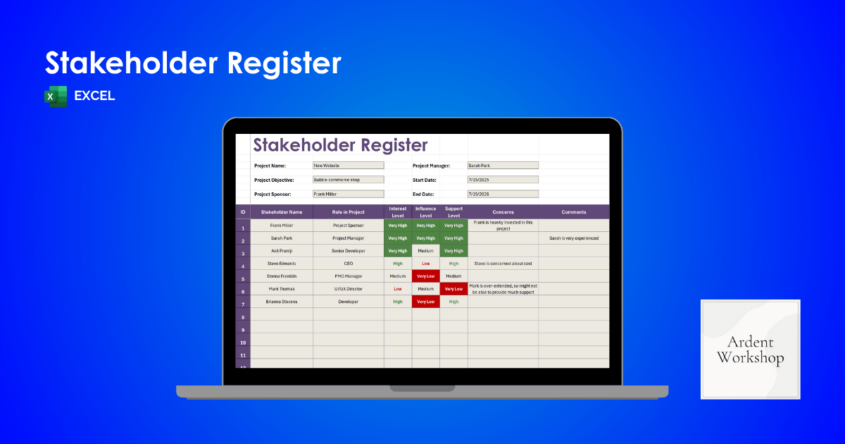 Stakeholder Register - Excel | Ardent Workshop