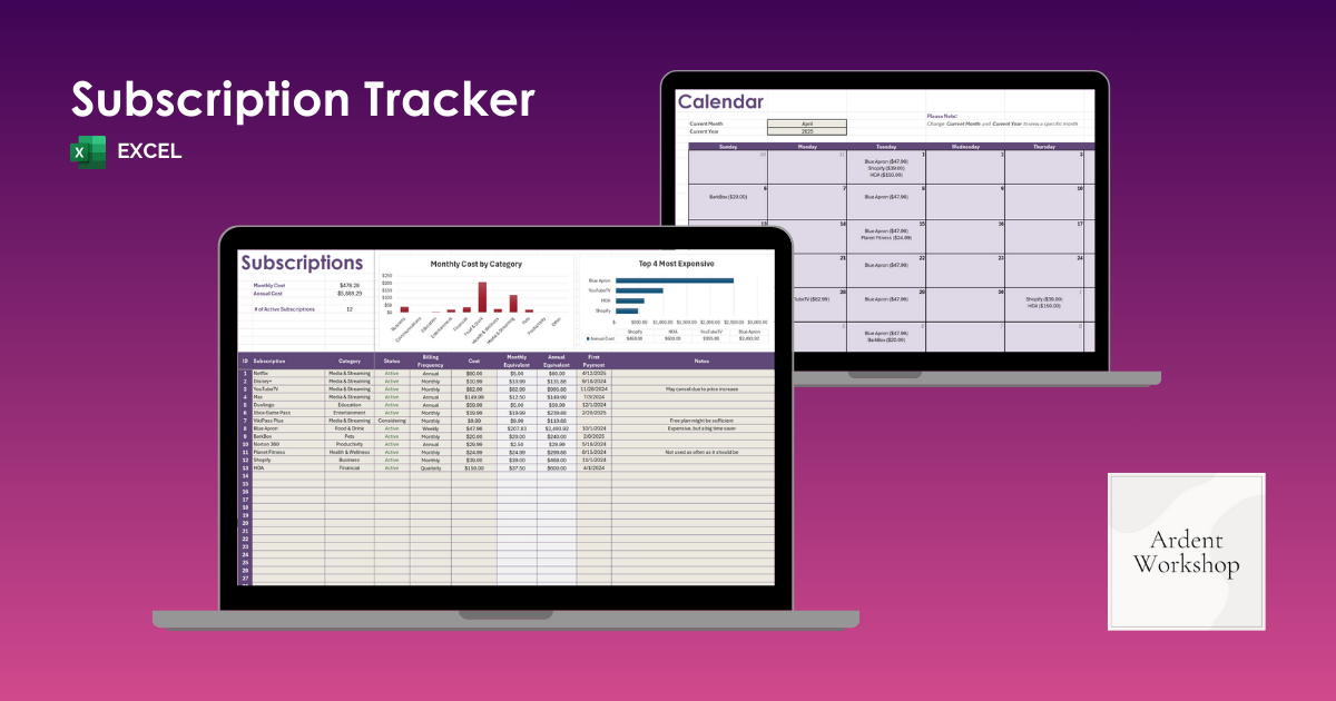 Subscription Tracker - Excel | Ardent Workshop